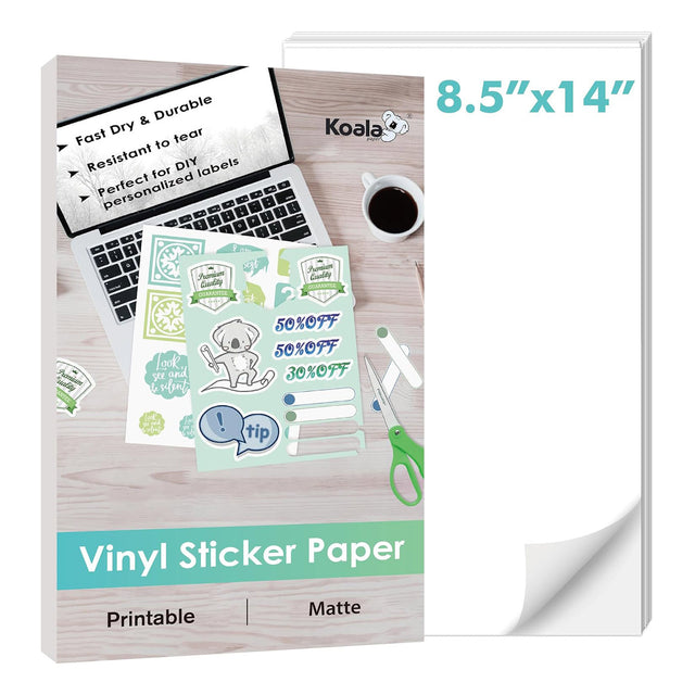 Koala 8.5x14" Matte Vinyl Sticker Paper | Waterproof, Inkjet Compatible ...