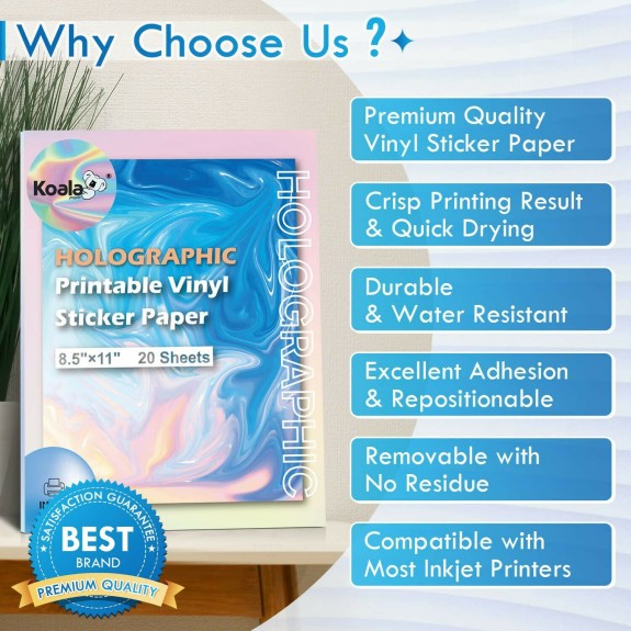 Koala Holographic Vinyl Sticker Paper for Inkjet Printer 20 Sheets ...